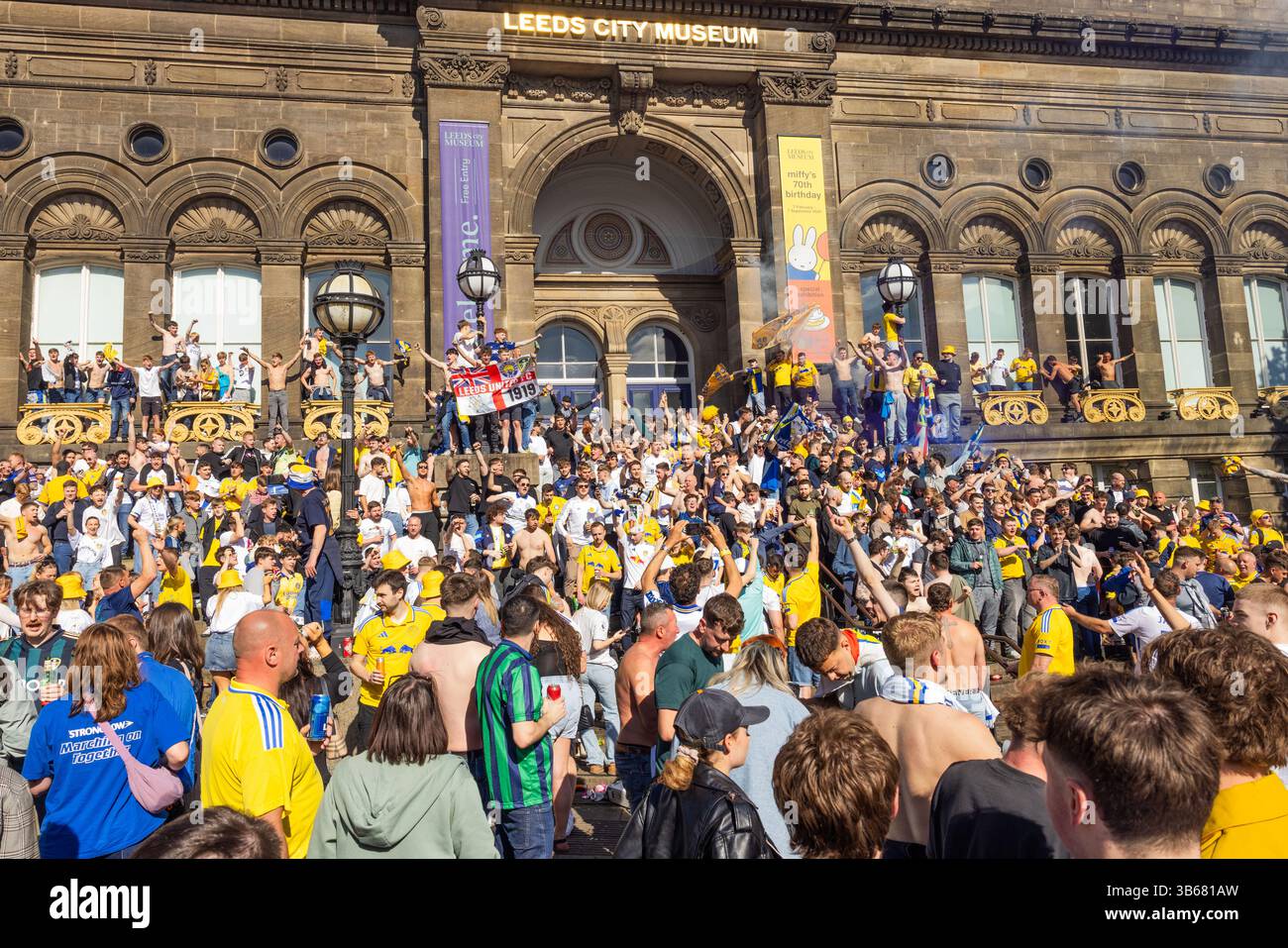 Leeds, UK. 03 MAY, 2025. Leeds fans celebrate in Millennium Square ...