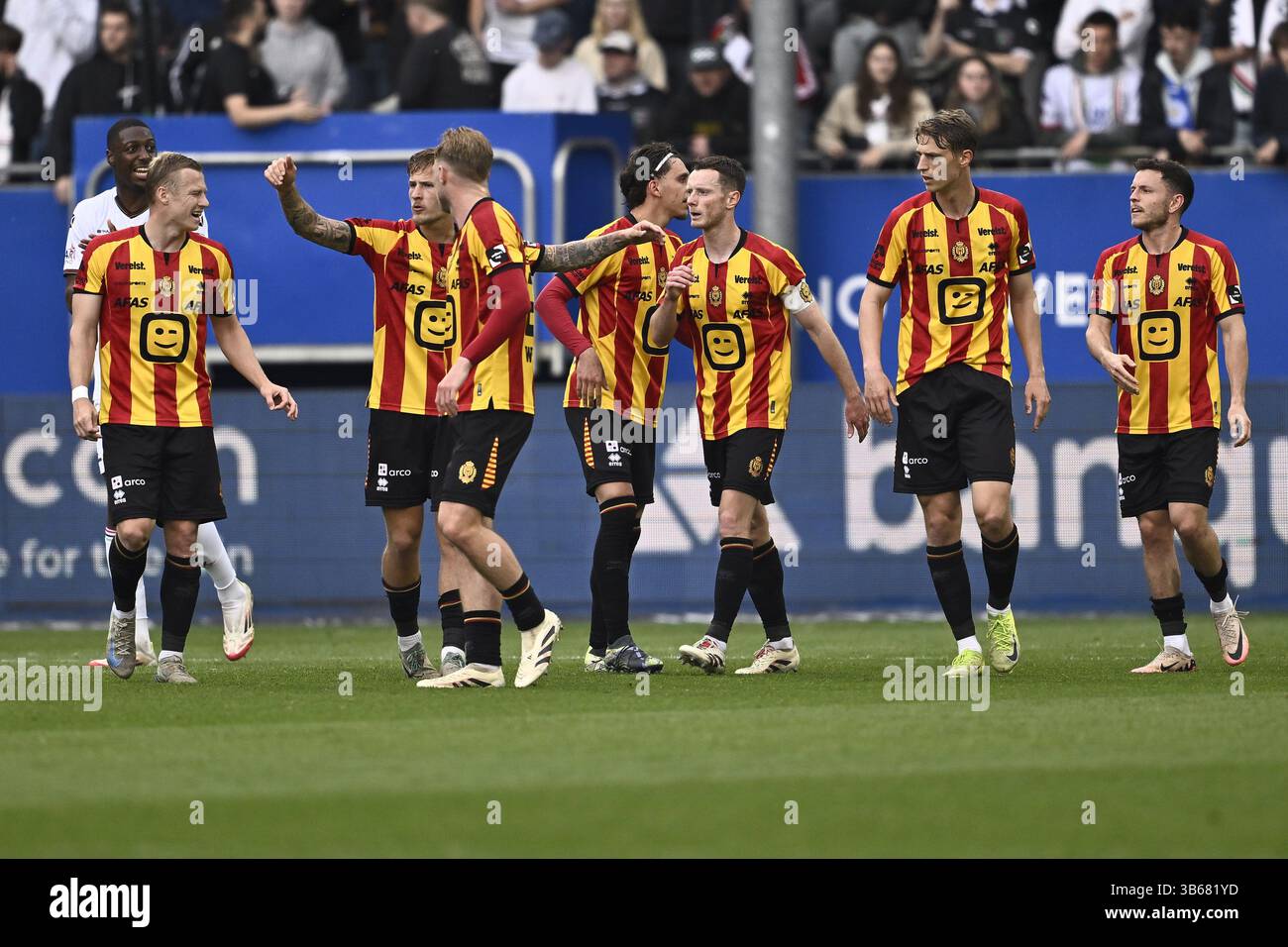 Mechelen's Rob Schoofs celebrates after scoring during a soccer match ...