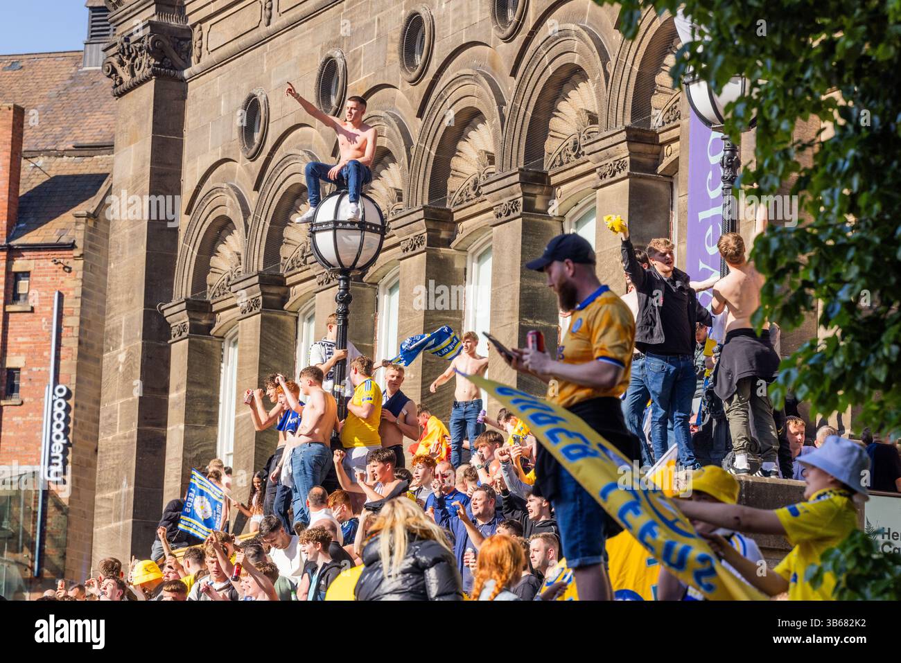 Leeds, UK. 03 MAY, 2025. Leeds fans celebrate in Millennium Square ...