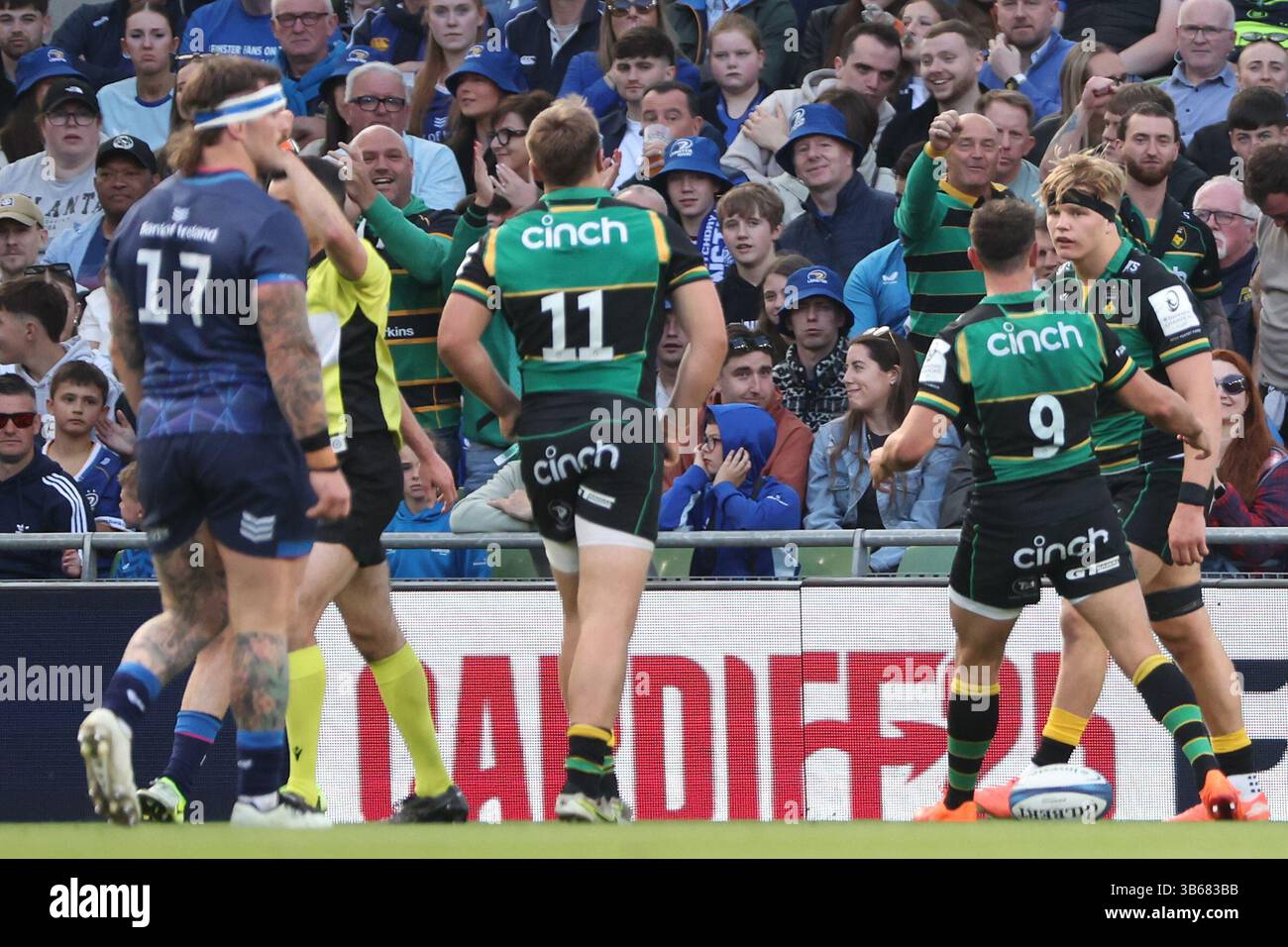 Northampton Saints' Henry Pollock (right) celebrates scoring his side's ...