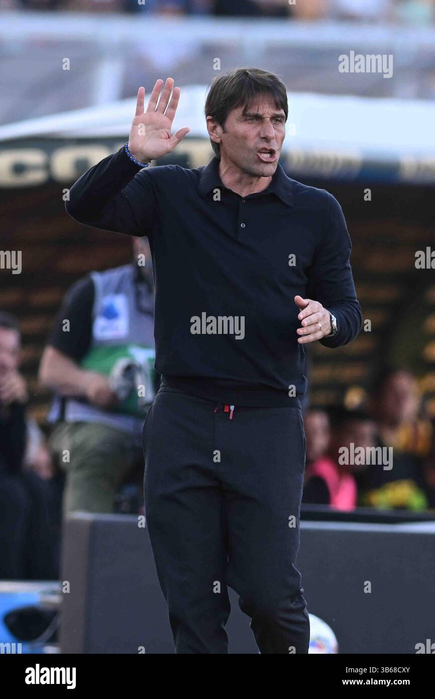 Lecce, Italy. 03rd May, 2025. Antonio Conte Coach of SSC Napoli gesture ...