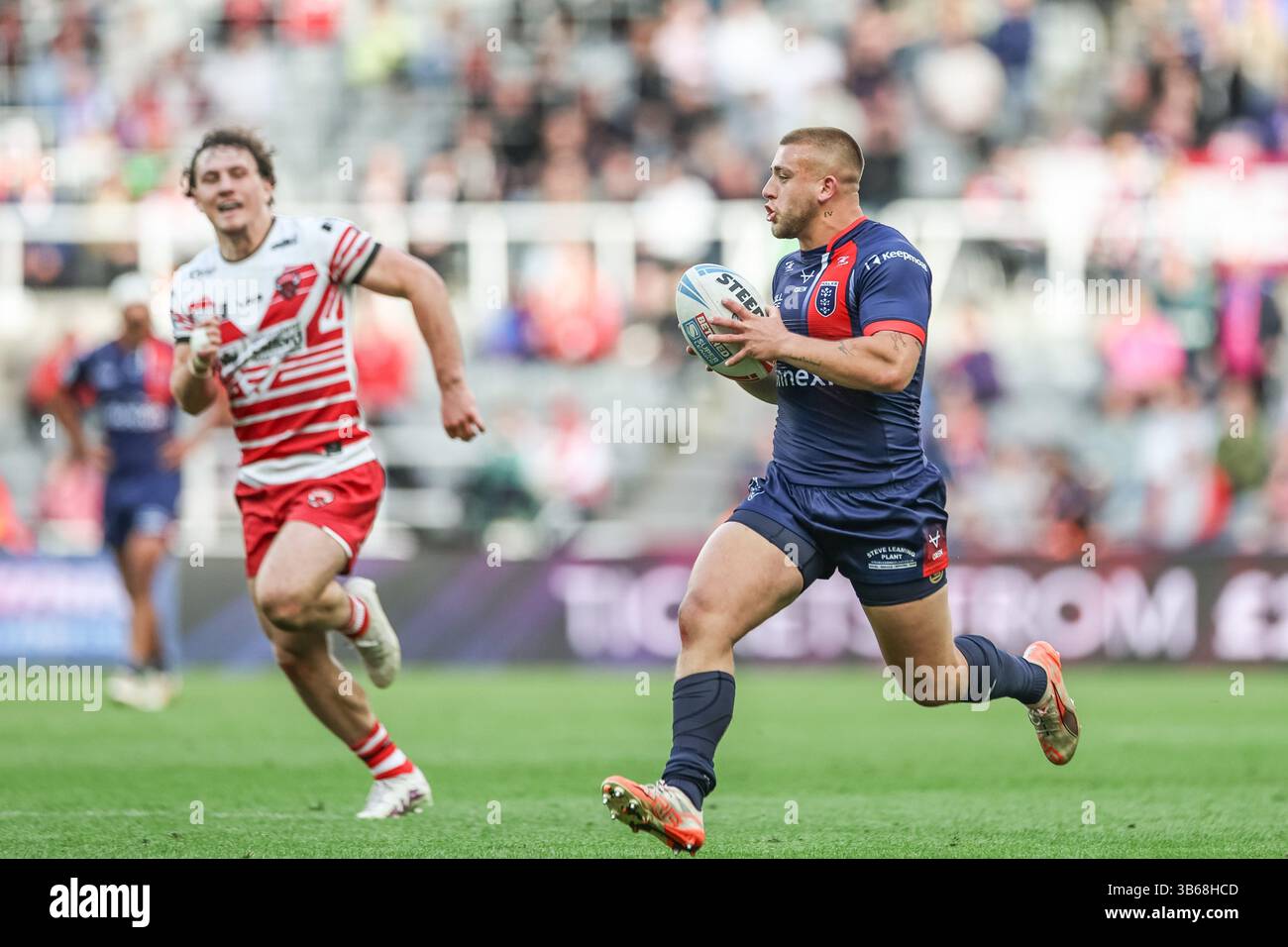 Newcastle, UK. 03rd May, 2025. Mikey Lewis of Hull KR breaks with the ...