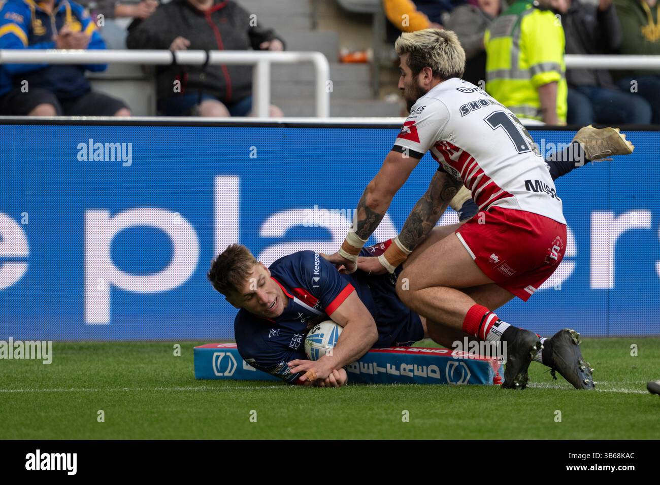 Newcastle, UK. 03rd May, 2025. Hull KR Noah Booth scores a try during ...