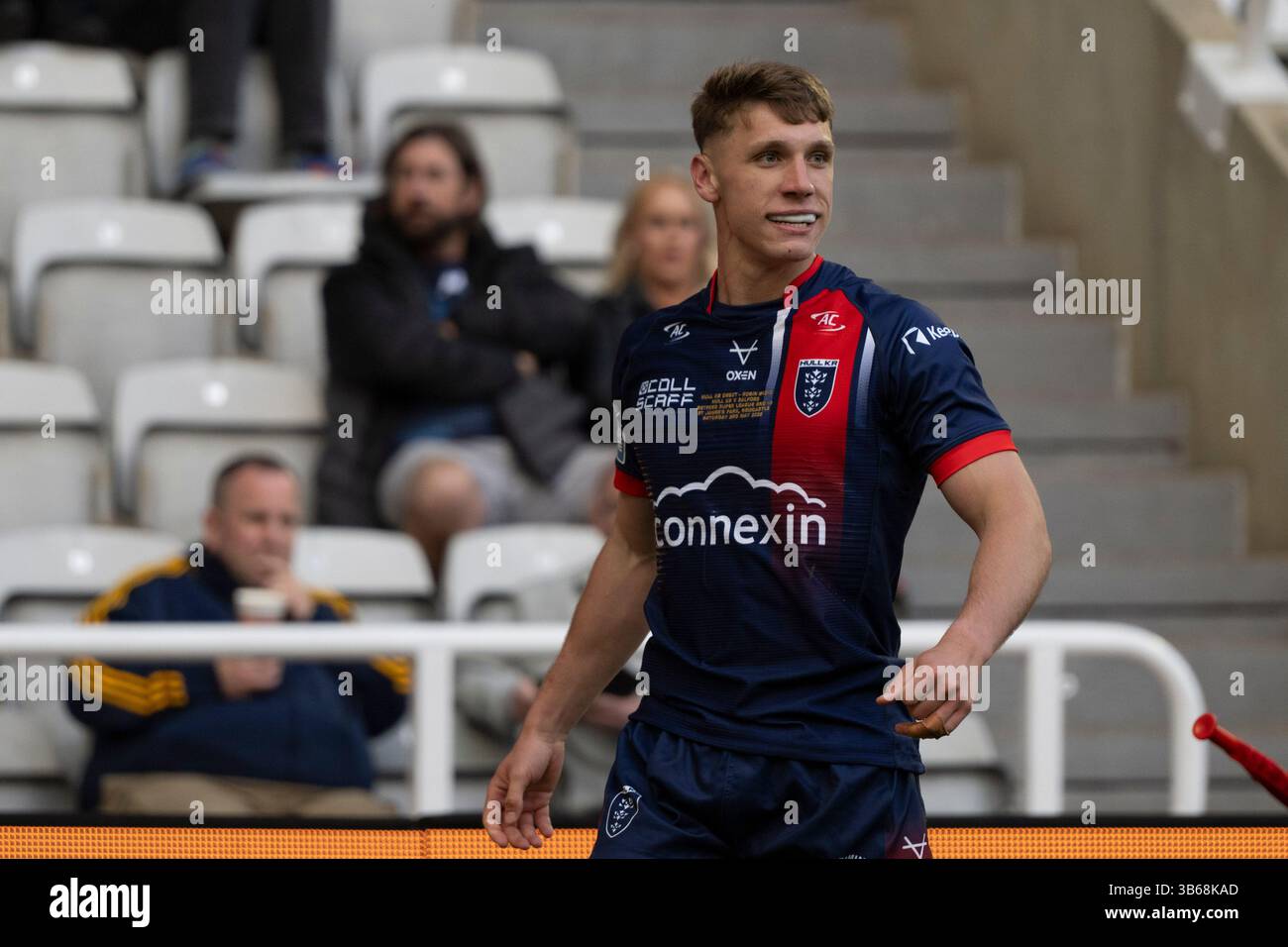 Newcastle, UK. 03rd May, 2025. Hull KR Noah Booth scores a try and ...