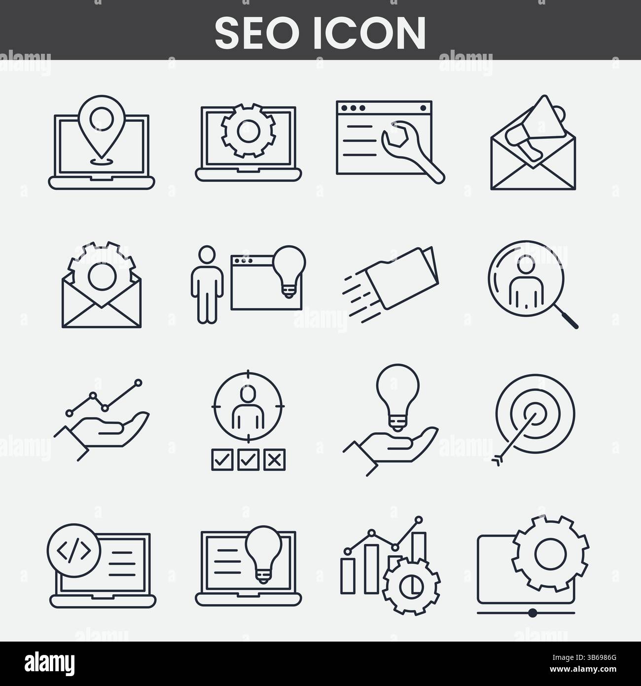 Minimalist SEO Icons and Digital Marketing Vector Set in Monochrome Line Art Style Stock Vector ...