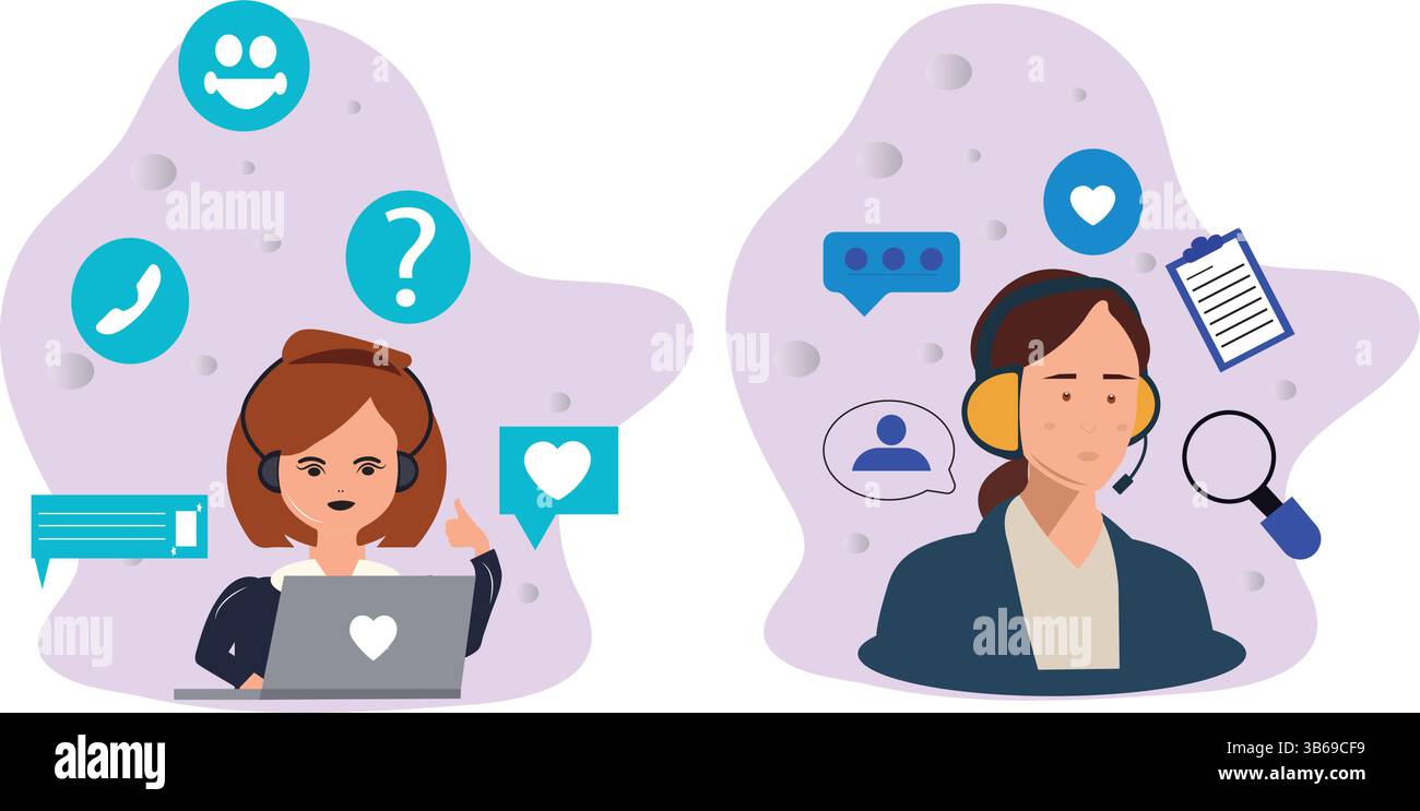 Call center set. Female characters work in office. Helpdesk, hotline ...