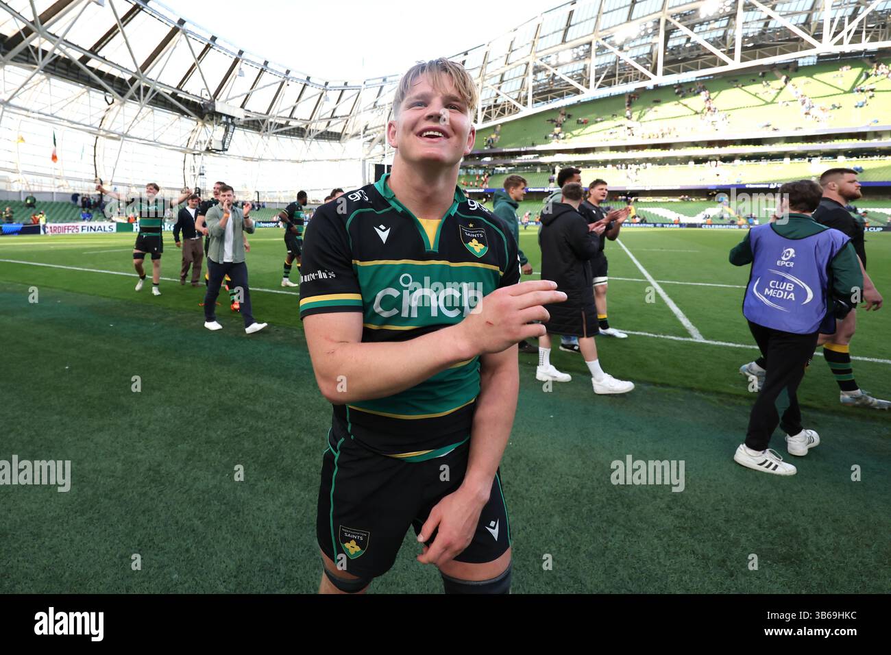 Northampton Saints' Henry Pollock (centre) and team-mates celebrate ...