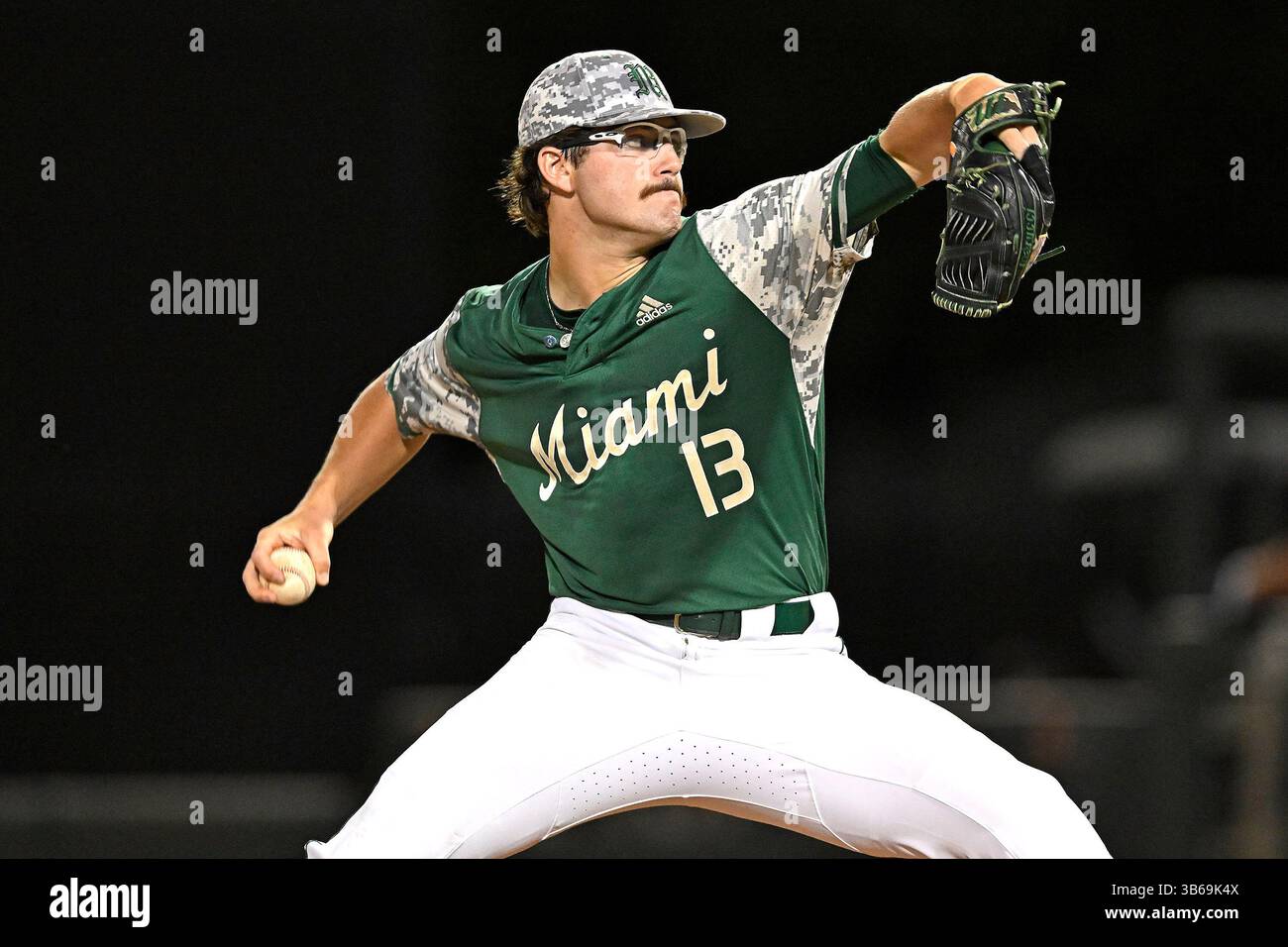 CORAL GABLES, FL - MAY 02: Miami right-handed pitcher Griffin Hugus (13 ...