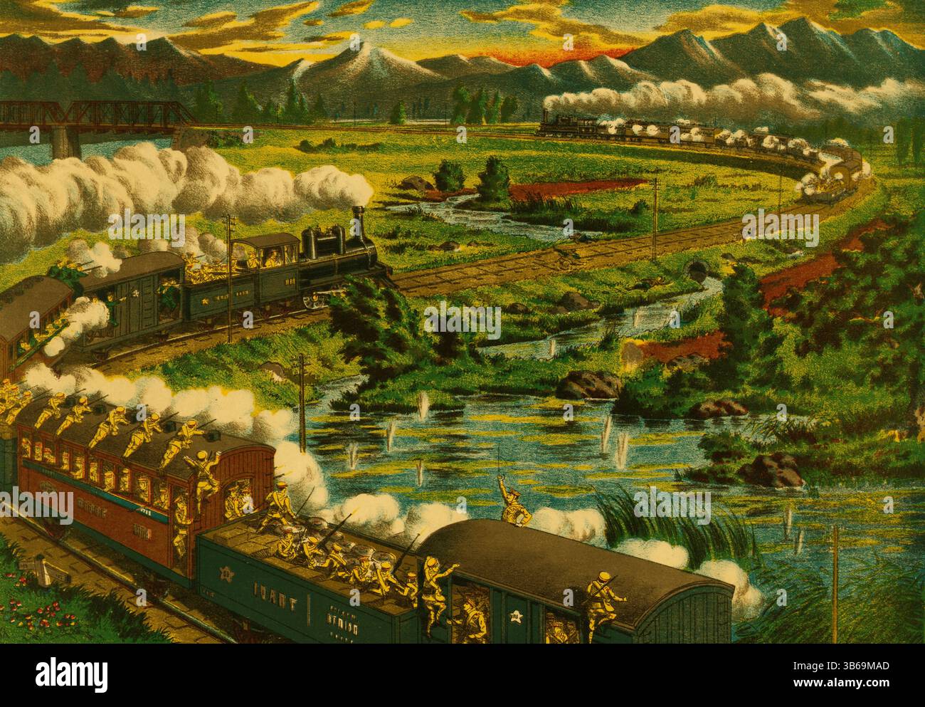 Train of Japanese soldiers pursuing a Bolshevik train over the River ...