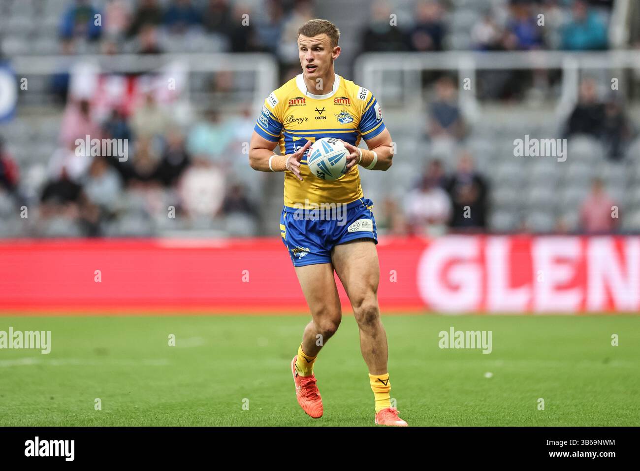 Ash Handley of Leeds Rhinos with the ball during the Betfred Magic ...