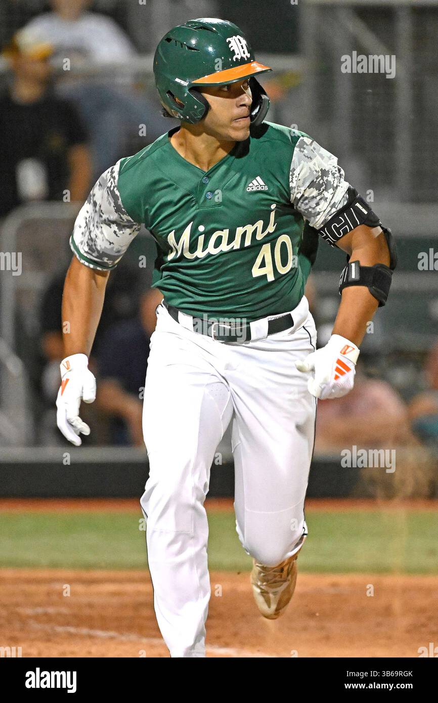 CORAL GABLES, FL - MAY 02: Miami catcher Evan Taveras (40) runs to ...