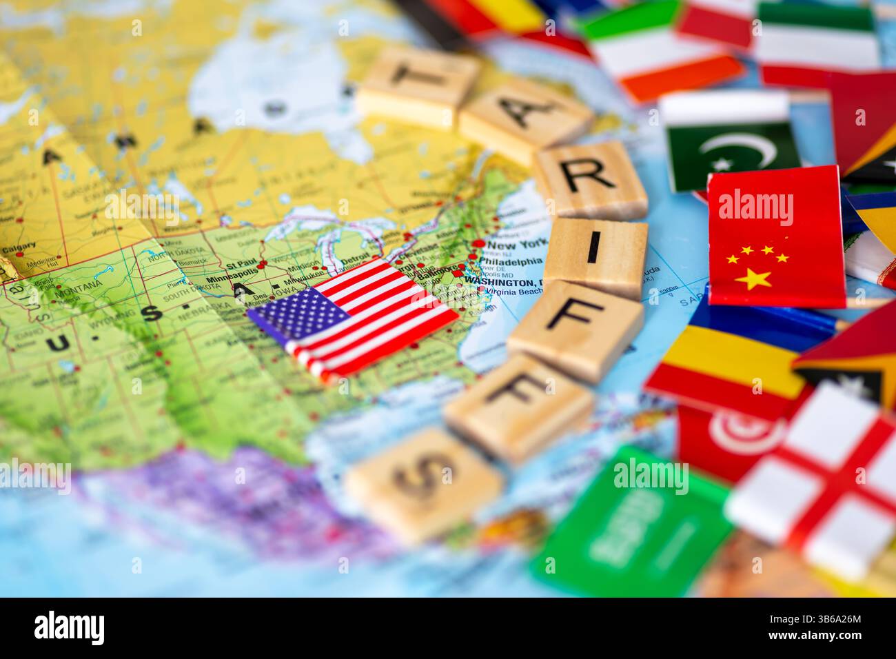 A map of the USA and the American flag, walled in by letter wood tiles ...