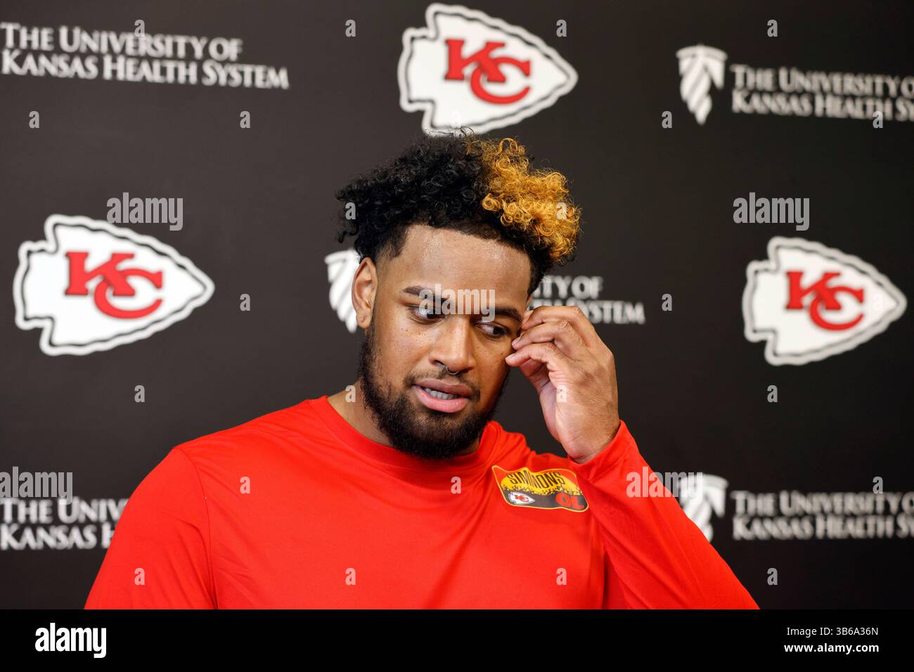Kansas City Chiefs offensive tackle Josh Simmons talks with the media ...