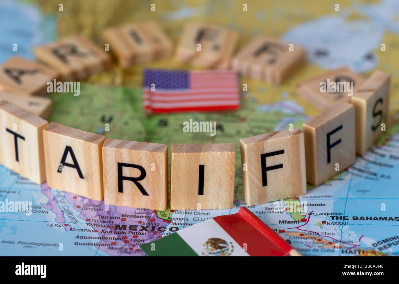 A map of Mexico, the USA and national flags, with letter wood tiles ...