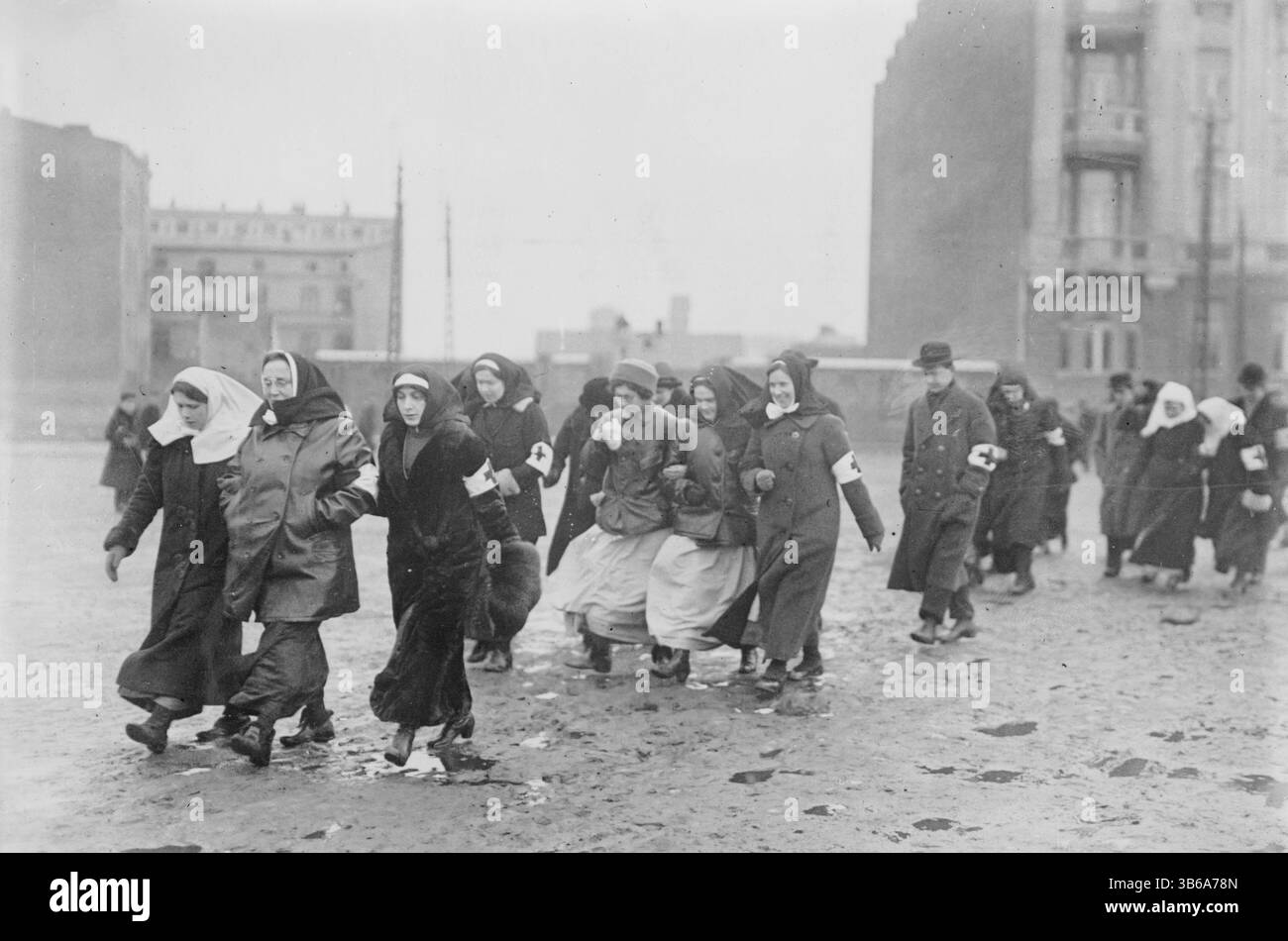 Russian nurses walking across a plaza during World War I, circa 1914 ...