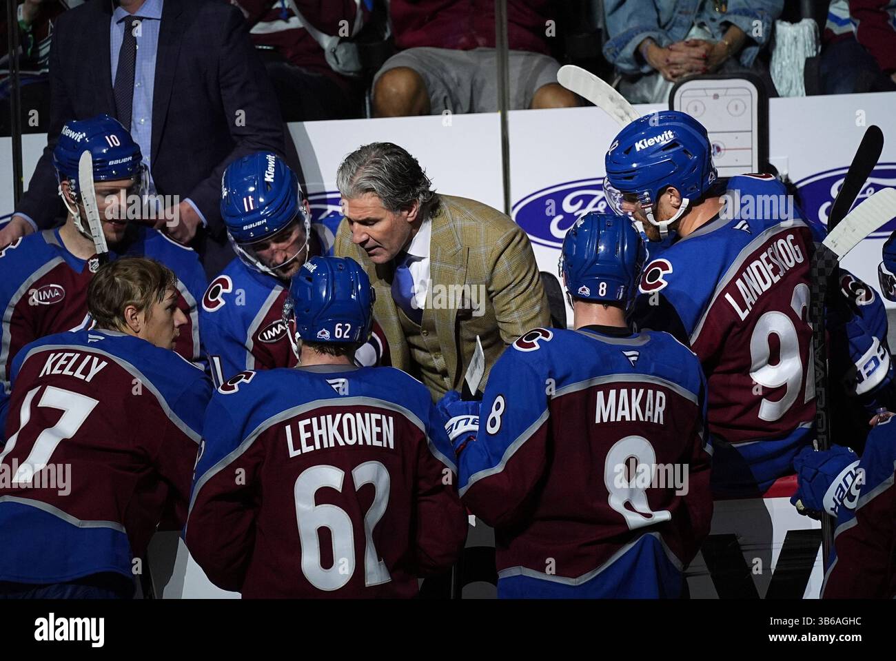 Colorado Avalanche head coach Jared Bednar goes over a play during a a ...