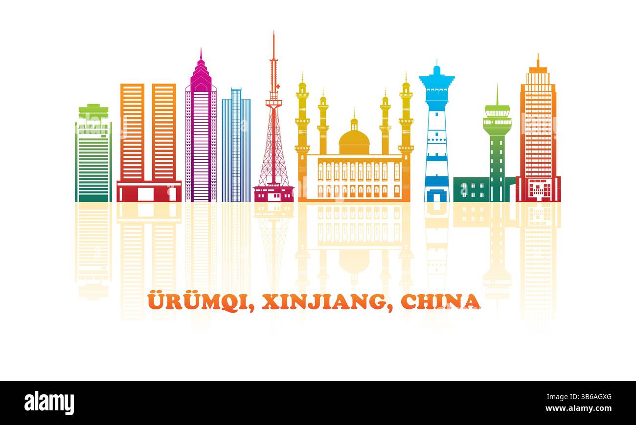Colourfull Skyline panorama of city of Urumqi, Xinjiang, China - vector ...