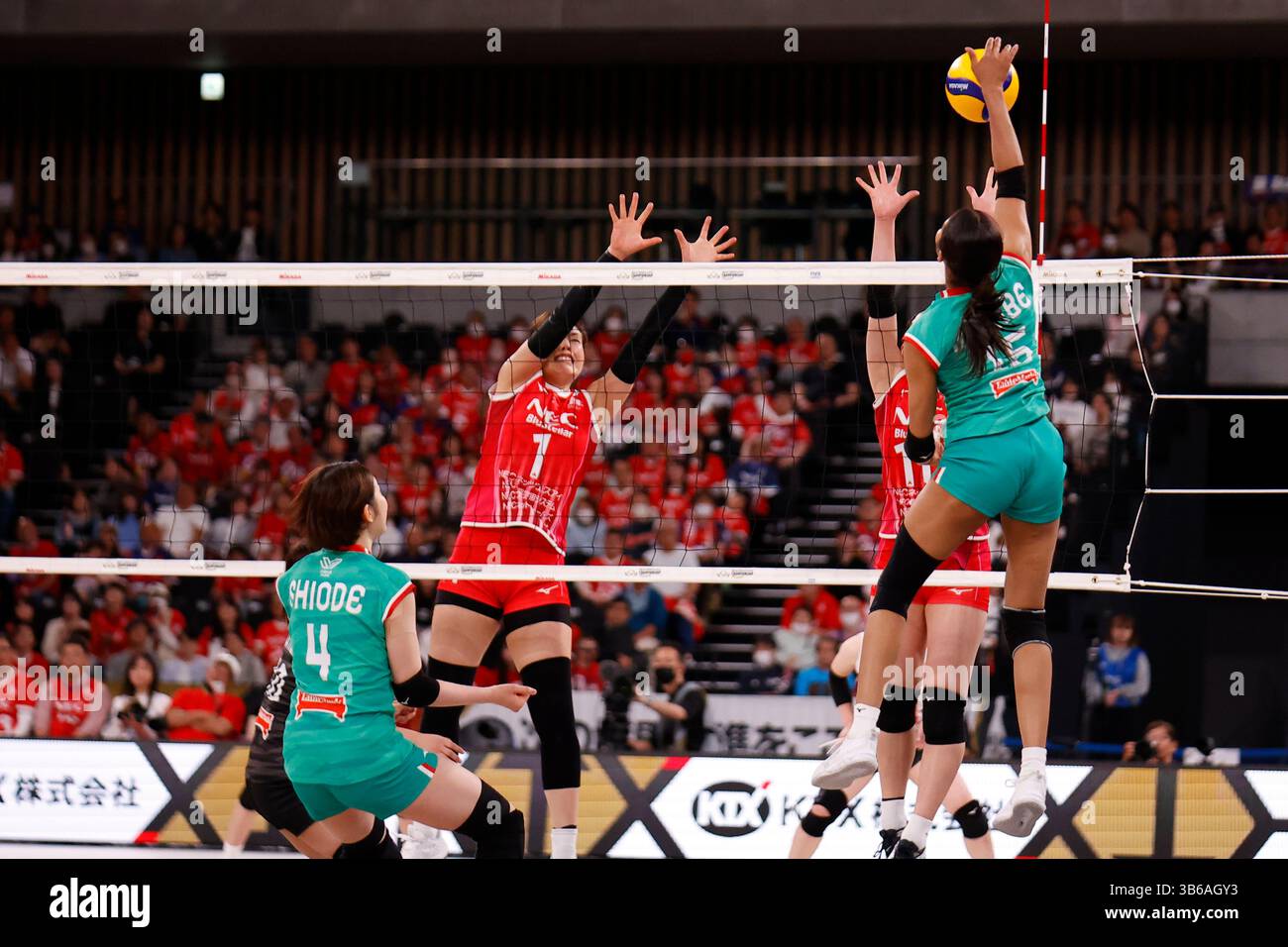 Tokyo, Japan. 3rd May, 2025. AMEZE MIYABE (15) of Osaka Marvelous spikes during a match against ...