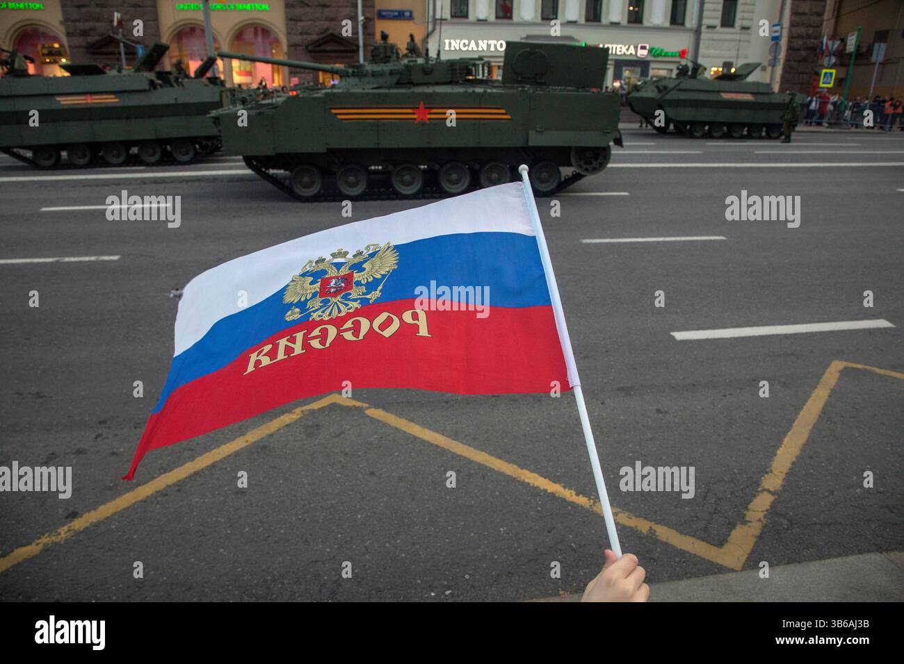 Moscow, Russia. 3rd May, 2025. Russian armoured vehicles roll along the ...