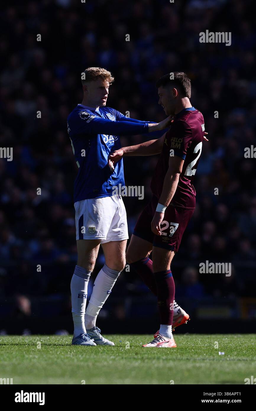 Liverpool, UK. 3rd May, 2025. Jarrad Branthwaite of Everton clashes ...