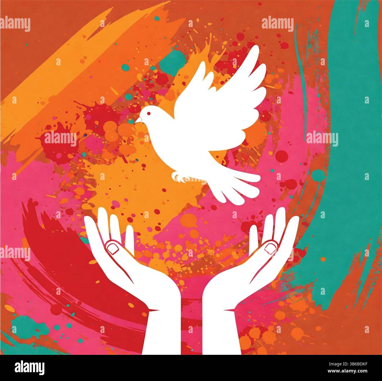 A white dove ascends from outstretched hands against a colorful ...