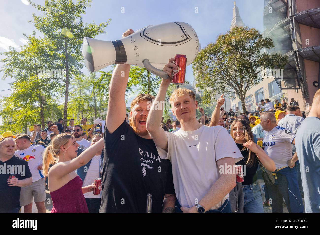 Leeds, UK. 03 MAY, 2025. Leeds United fans hold inflatable trophy as ...