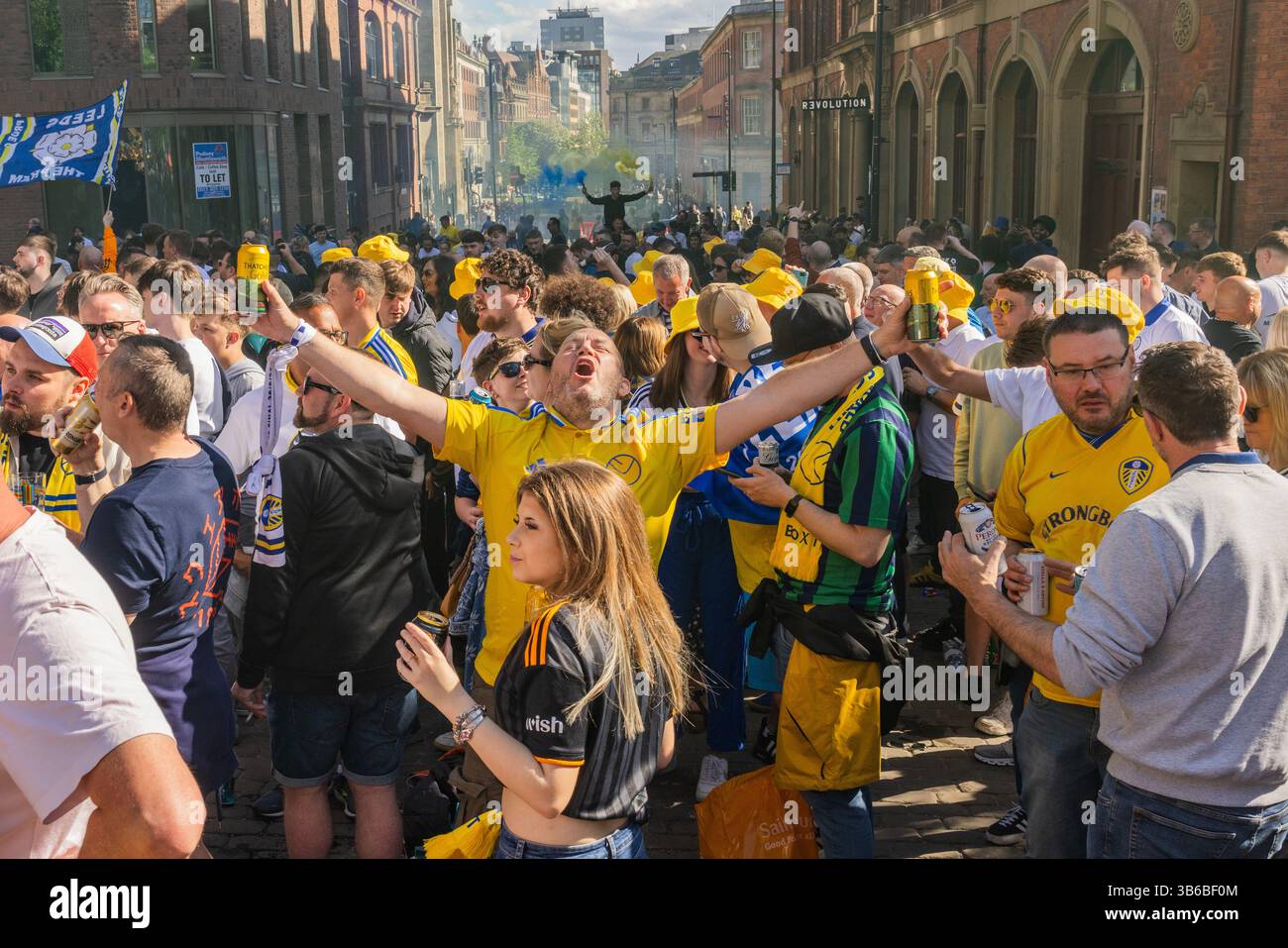 Leeds, UK. 03 MAY, 2025. Man cheers amongst the crowd as Leeds United ...