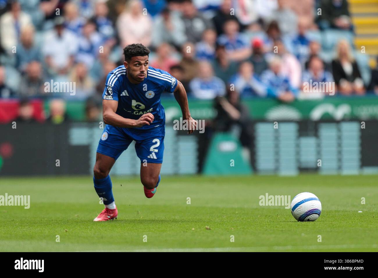 James Justin of Leicester City breaks with the ball during the Premier ...
