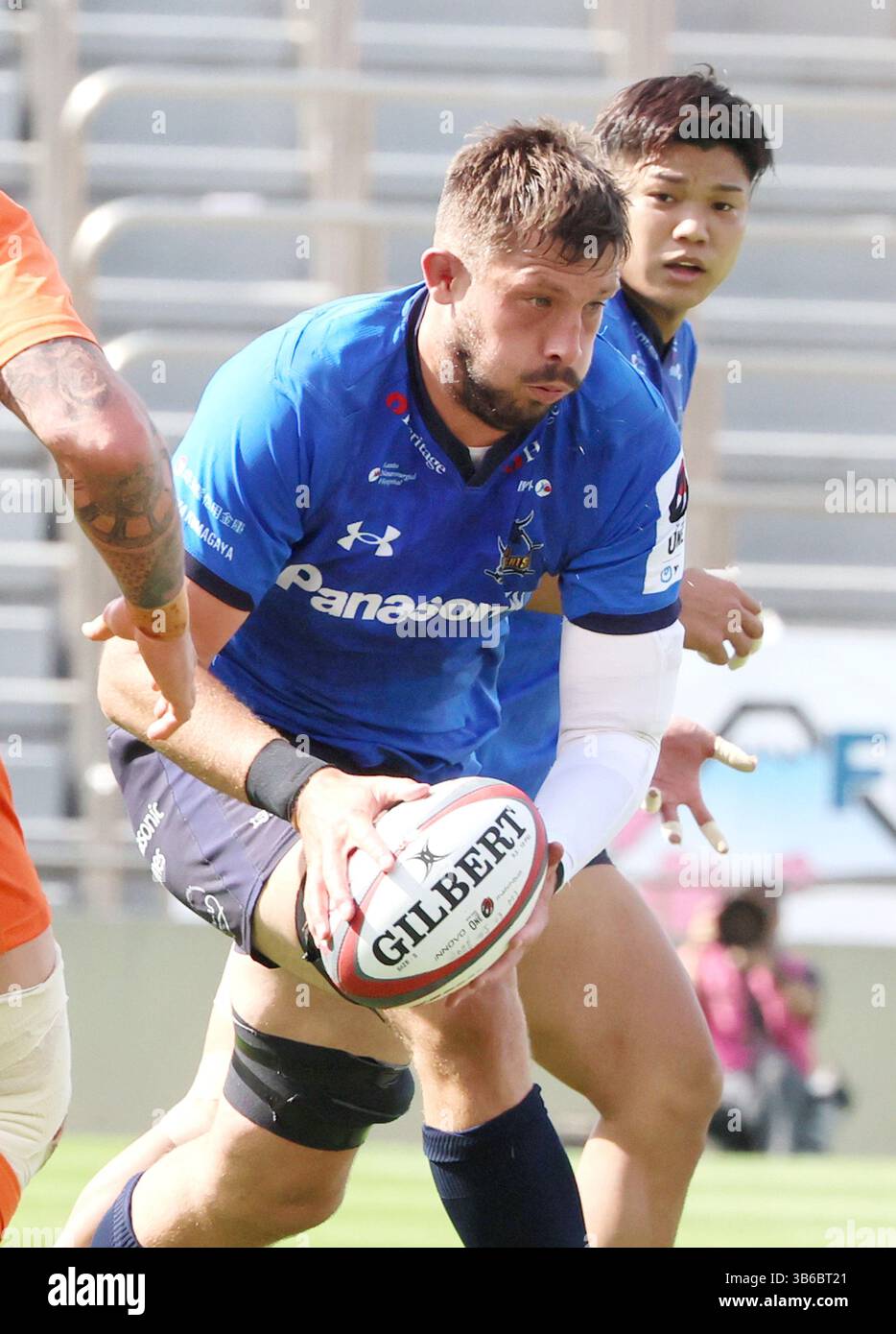 Tokyo, Japan. 3rd May, 2025. Saitama Panasonic Wild Knights lock Liam Mitchell carries the ball ...