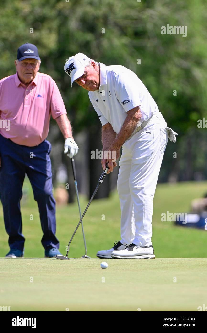 THE WOODLANDS, TX - MAY 03: Gary Player watches his birdie attempt on 11 during the second round ...