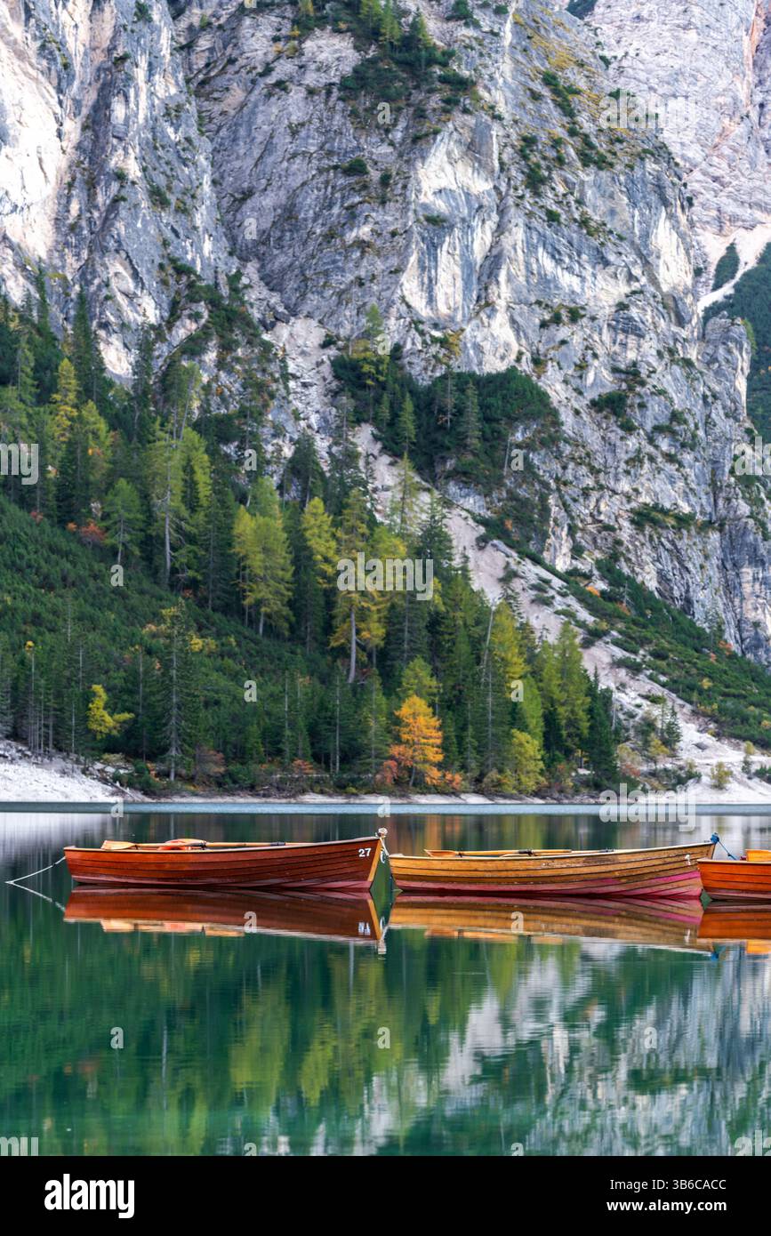 Scenic View of Lago di Braies with Row Boats and Reflections Stock Photo - Alamy