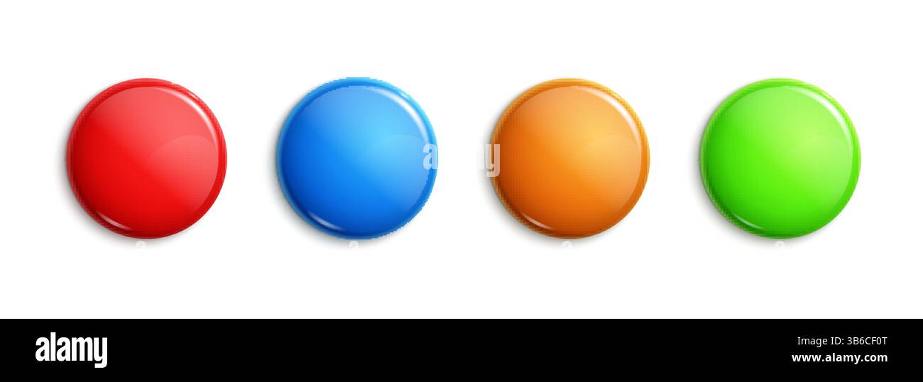 Set of four glossy colorful round buttons in red, blue, orange, and ...