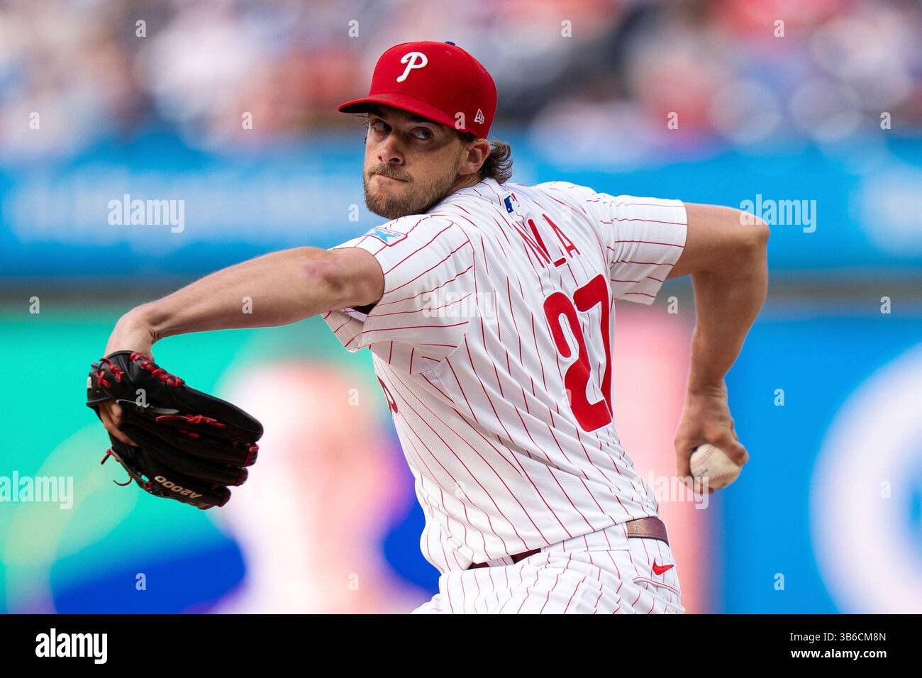 Philadelphia Phillies starting pitcher Aaron Nola delivers during the ...