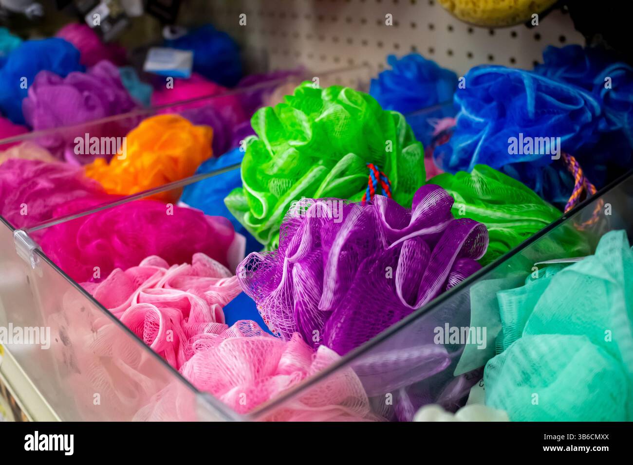 A view of a tray full of brand new body sponges at the grocery store ...