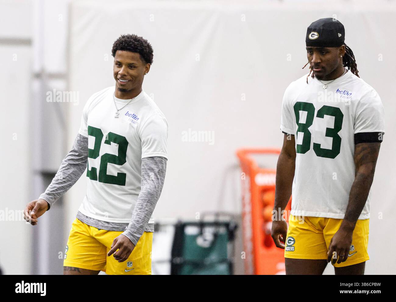 Green Bay Packers' Matthew Golden (22) and Savion Williams (83) look on during the NFL football ...