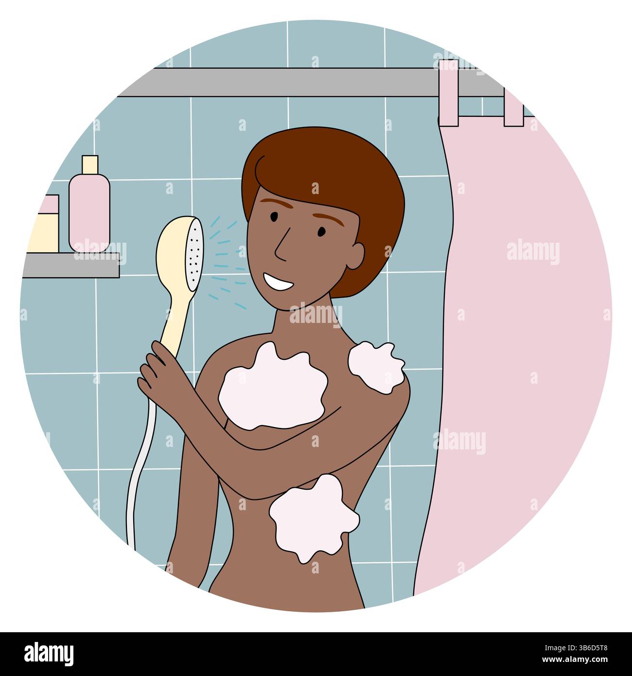 Happy person taking a shower and washing with soap and water in the ...