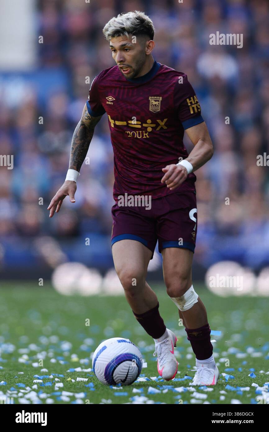 Liverpool, UK. 3rd May, 2025. Julio Enciso of Ipswich Town runs with ...
