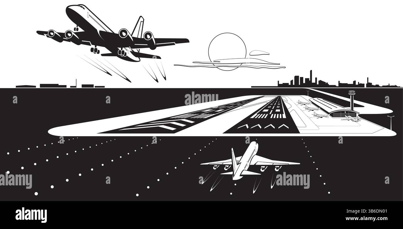 Passenger airplanes over two runways airport – vector illustration ...