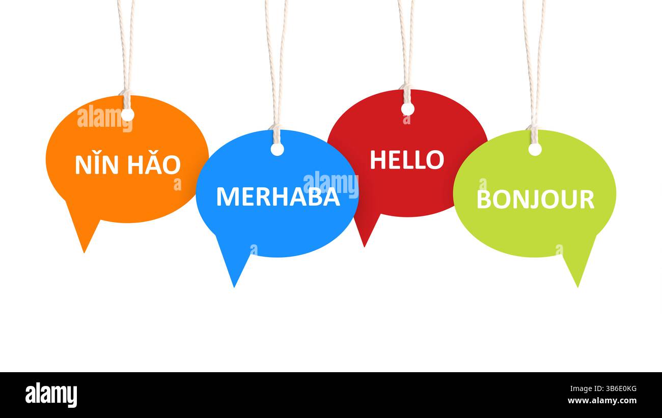 Paper speech bubbles with greetings in different languages hanging on ...