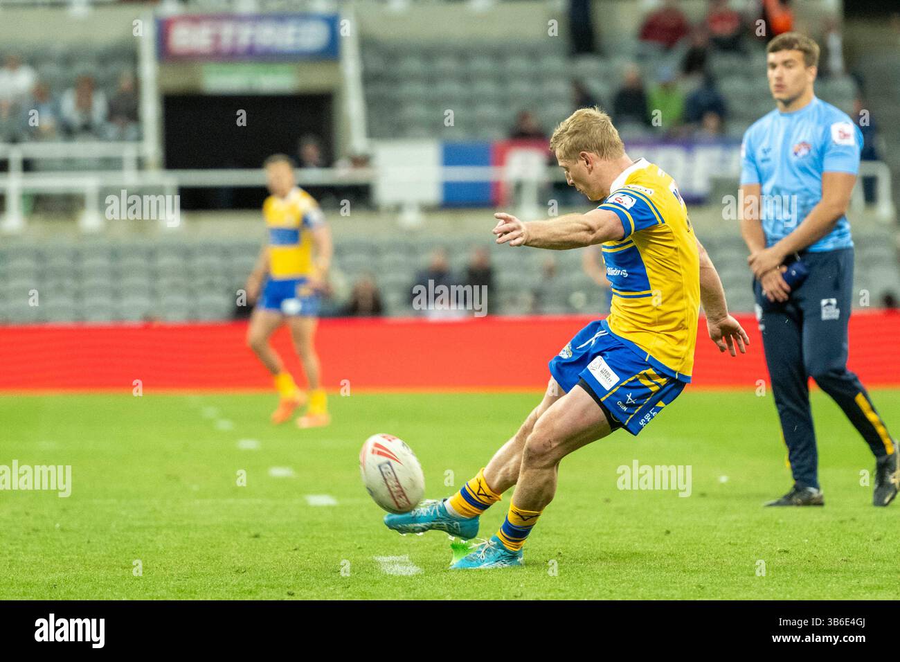 Leeds Rhinos Lachie Miller kicks to convert during the BetFred Super ...