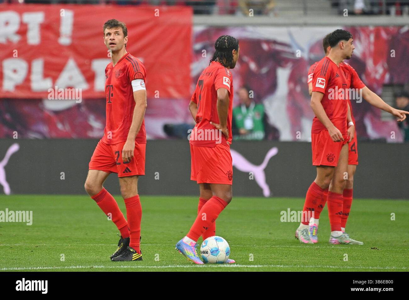 Leipzig, Deutschland. 03rd May, 2025. from left: Thomas MUELLER (M?LLER, FC Bayern Munich ...