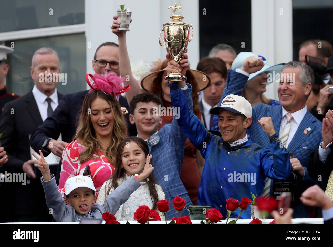 Louisville, United States. 03rd May, 2025. Jockey Junior Alvarado holds ...