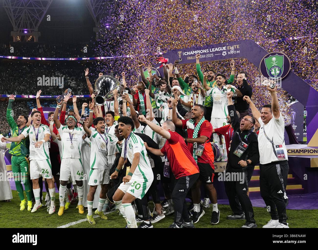 Players of Saudi Arabia's Al-Ahli celebrate after beating Japan's ...