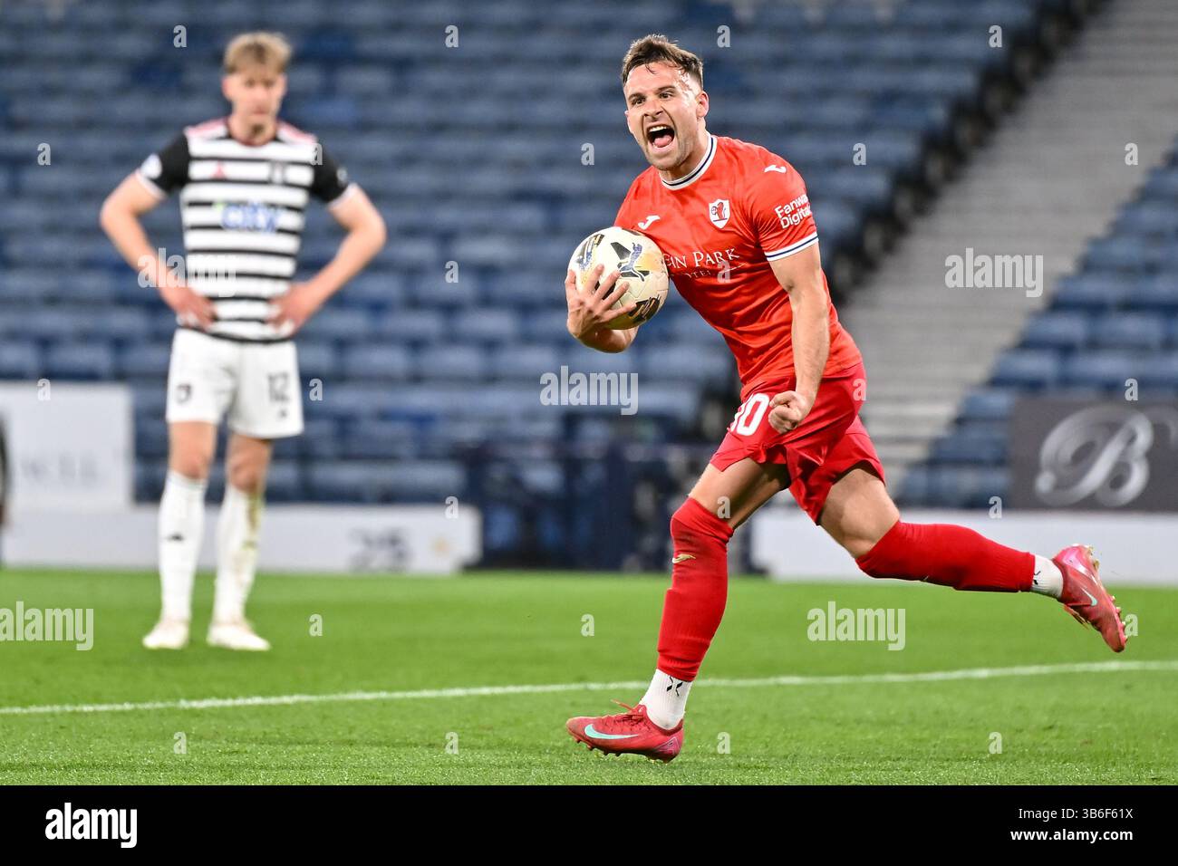Glasgow, Scotland, UK. 2nd May, 2025. Lewis Vaughan of Raith Rovers ...