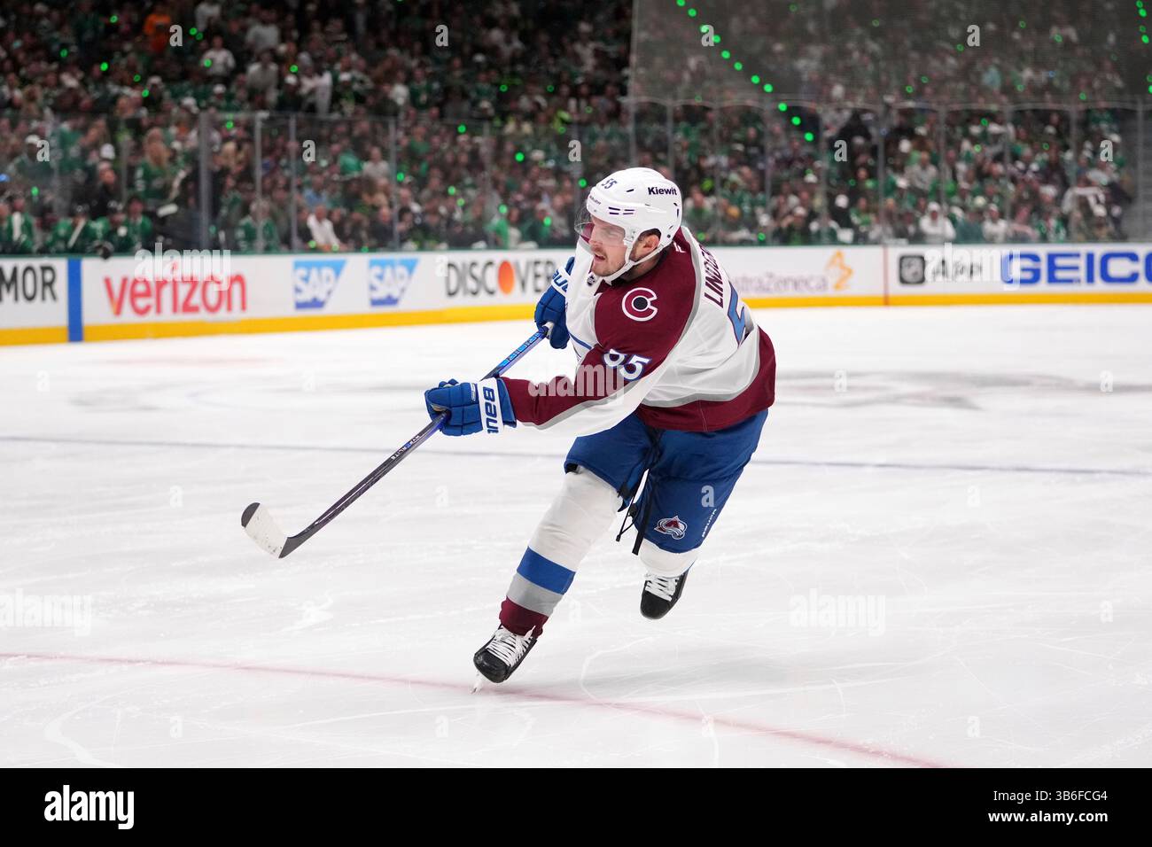 Colorado Avalanche defenseman Ryan Lindgren shoots in the second period ...