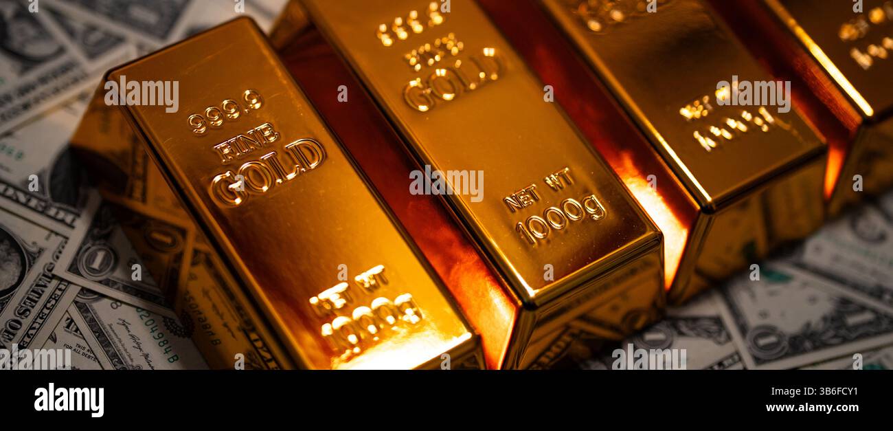 Money dollars vs gold bar. Precious metals. Saving finance in gold bar. Dollars vs gold bar ...