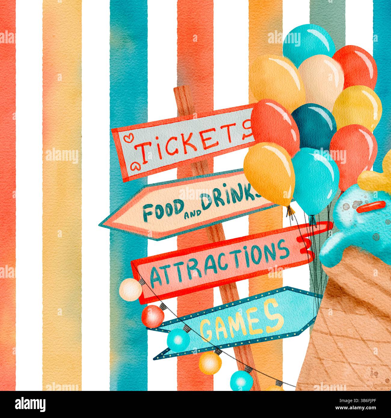 This vibrant illustration features carnival signage, festive balloons ...