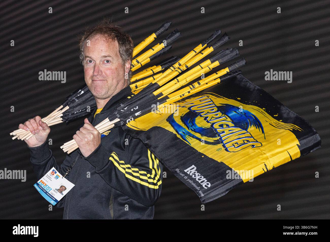 Wellington, NEW ZEALAND - MAY 3 : A Hurricanes flag bearer poses for a ...