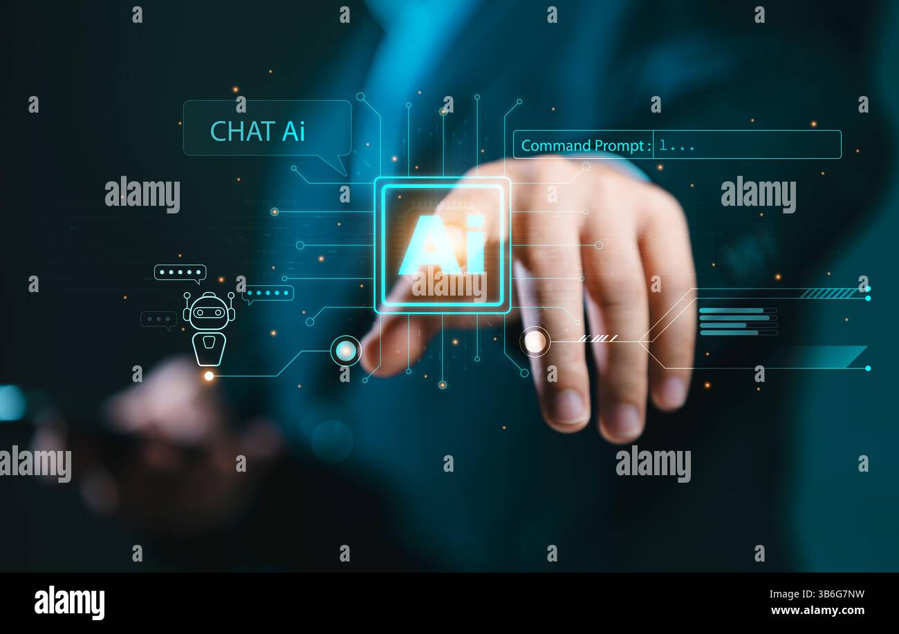 Humans are using technology, smart robot AI circuit boards, and ...