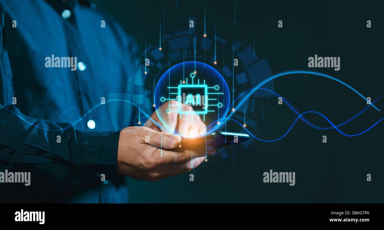 Businessman using a smartphone for a digital chatbot, ai smart robot ...